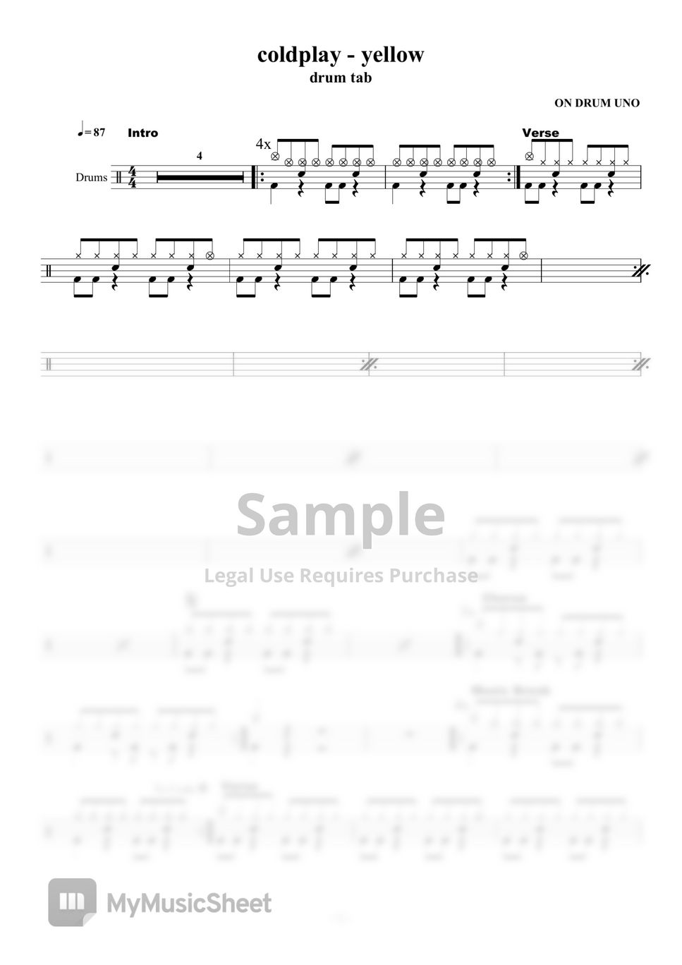 COLDPLAY(酷玩樂團) - YELLOW 악보 by ON DRUM UNO