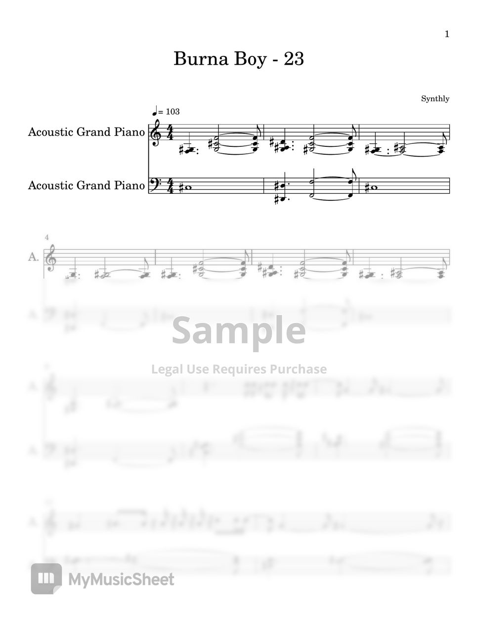 Burna Boy - 23 (EASY PIANO SHEET) Nuty by Synthly