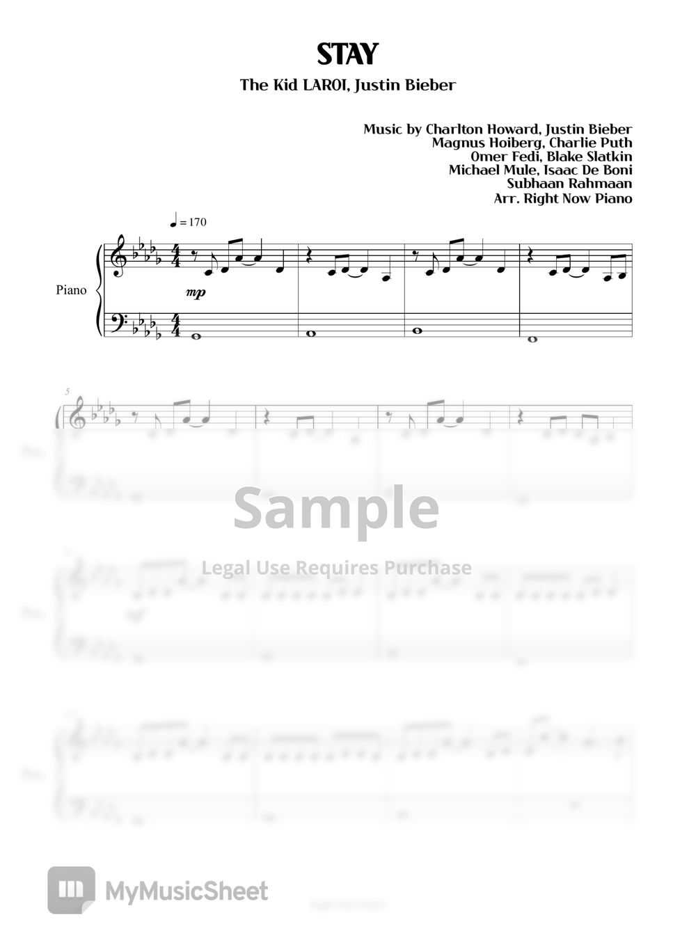 The Kid LAROI, Justin Bieber - STAY Sheets by Right Now Piano