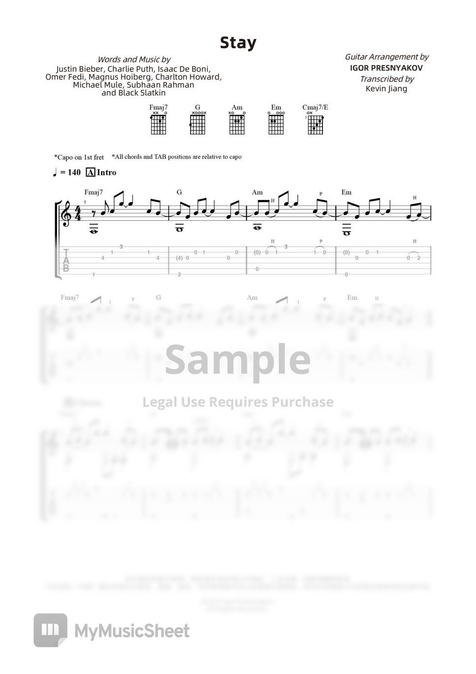 Justin Bieber - the Kid LAROI - Stay Tab + 1staff by Igor Presnyakov