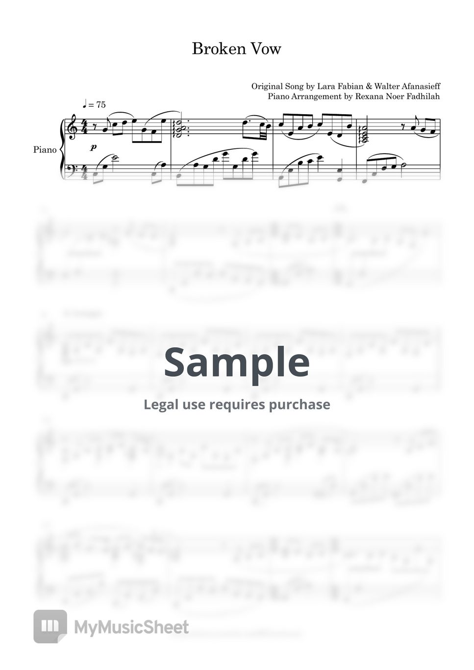 Lara Fabian - Broken Vow (Piano Arrangement) 曲谱 by Rexa - Pianimusic