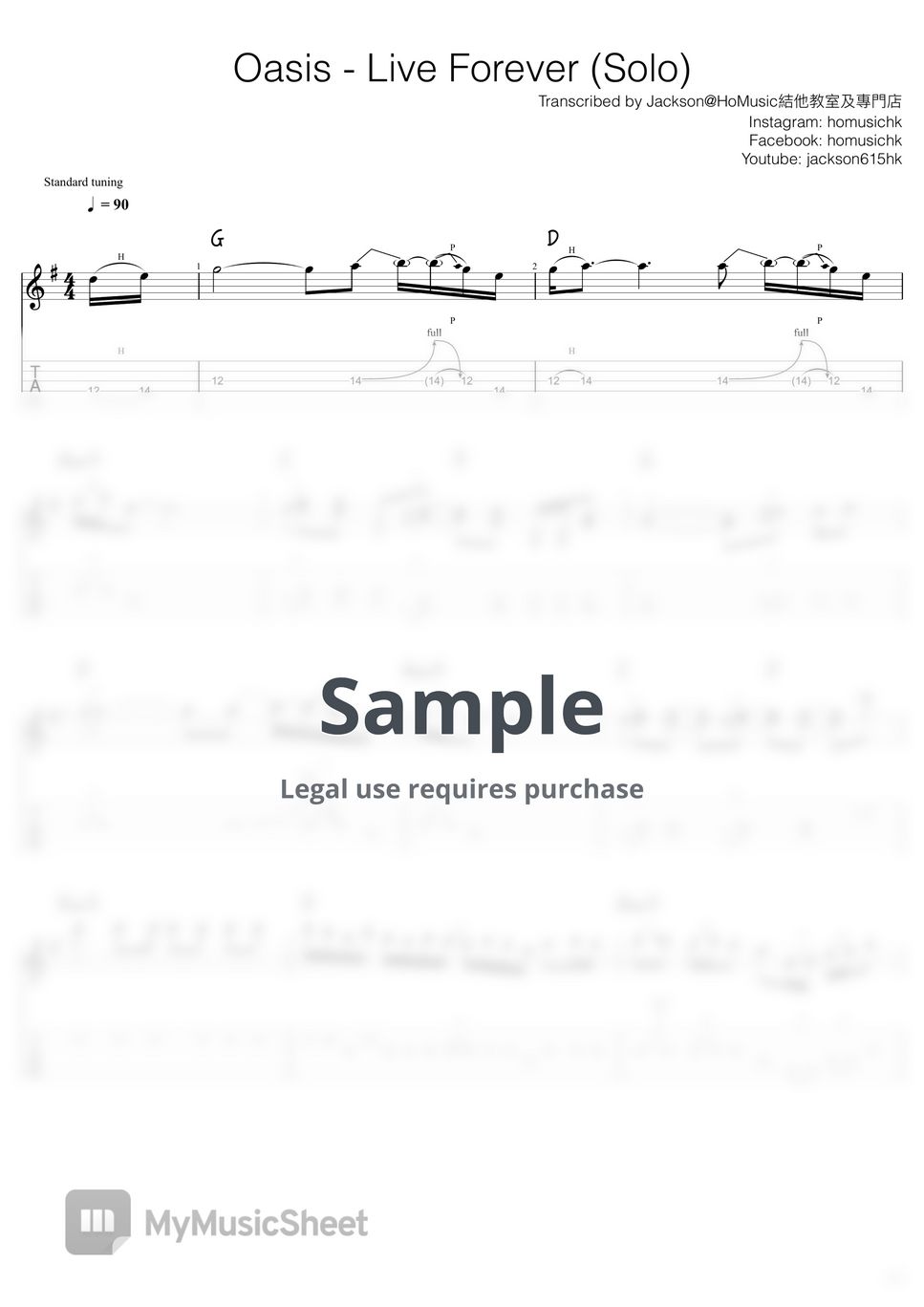 Oasis - Live Forever (Guitar Solo Tab) โน้ตเพลง by Jackson Cheung