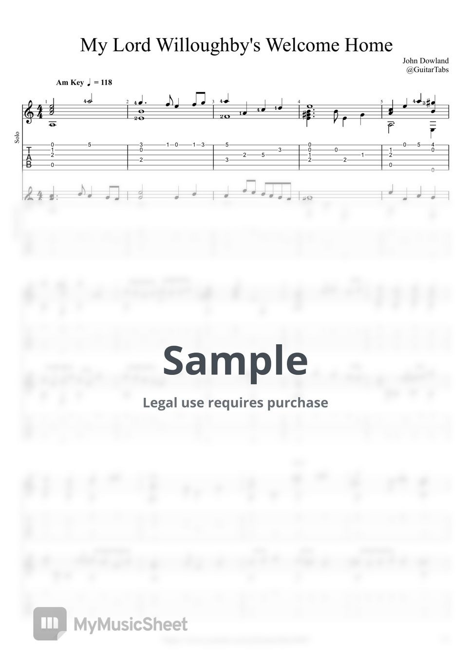 John Dowland - My Lord Willoughby's Welcome Home (Duet) (오선+타브+운지(Staff ...