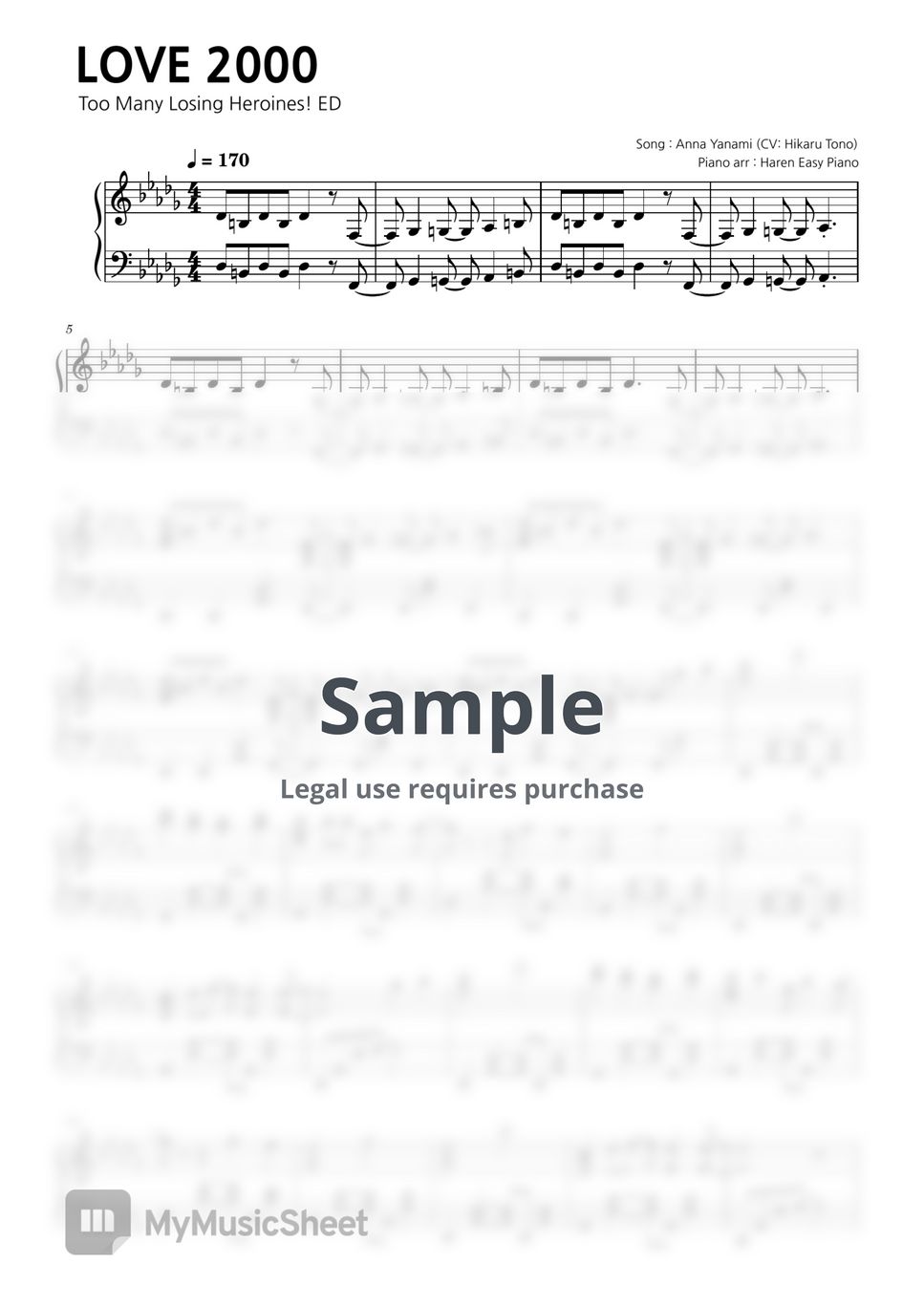 Anna Yanami (CV: Hikaru Tono) - LOVE 2000 (Makeine: Too Many Losing Heroines! ED) 楽譜 by Haren ...