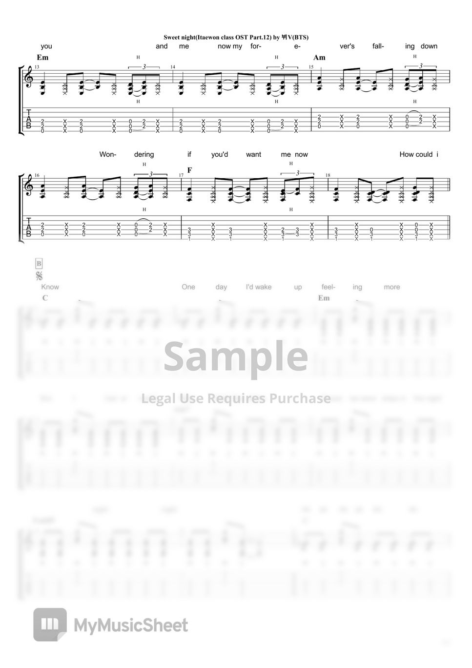 V(BTS)-뷔(방탄소년단) - Sweet night(이태원클라쓰OST) Sheets by 김쌤기타(cravessam)