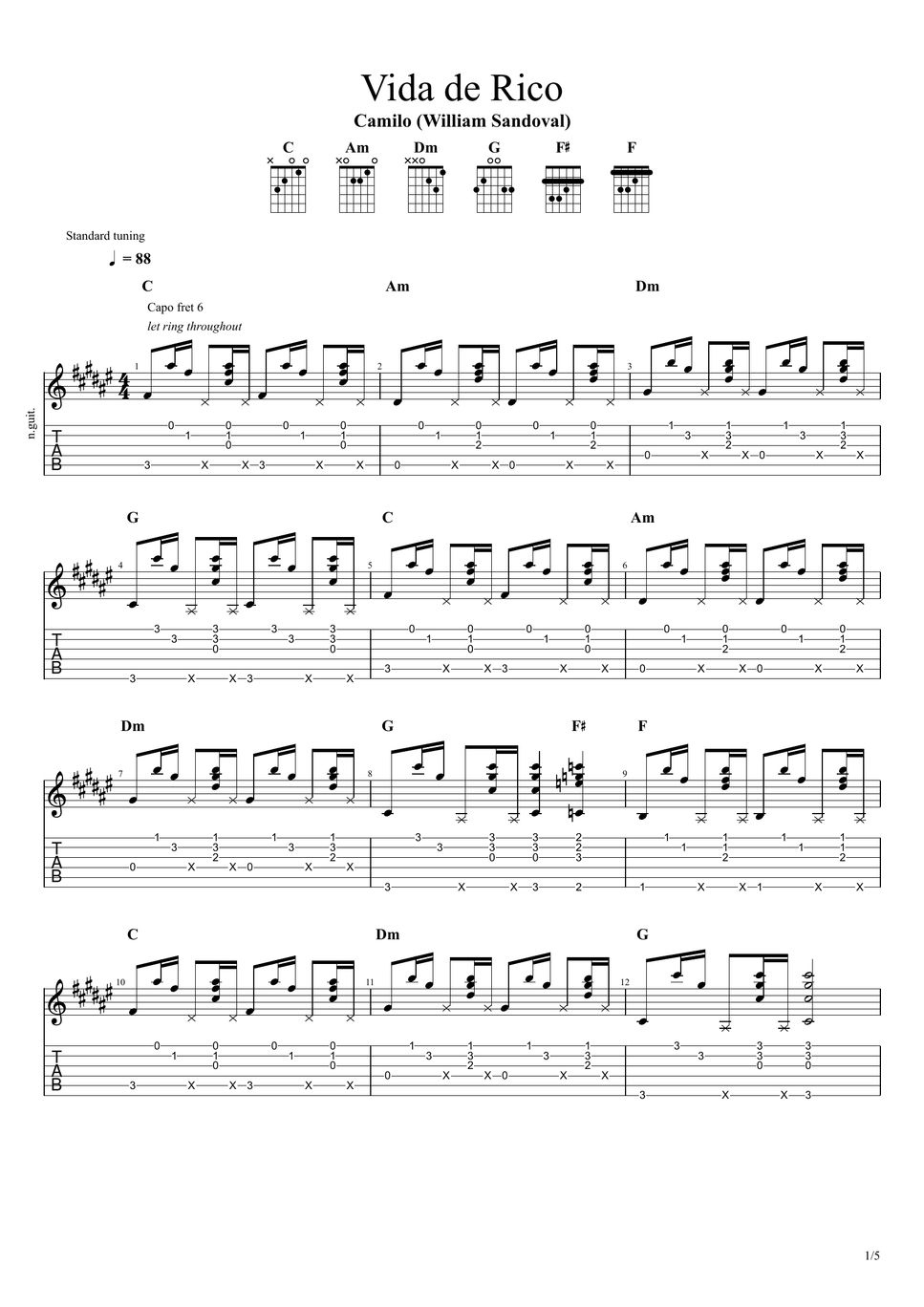 Camilo - Vida de Rico (Acoustic Guitar) Lembar Musik by William Sandoval