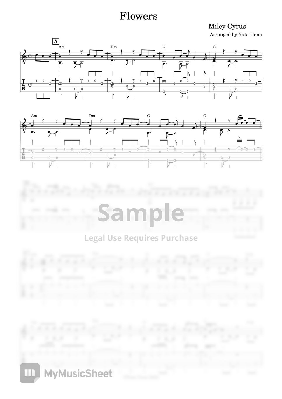 Miley Cyrus - Flowers (Fingerstyle) Tab + 1staff by Yuta Ueno