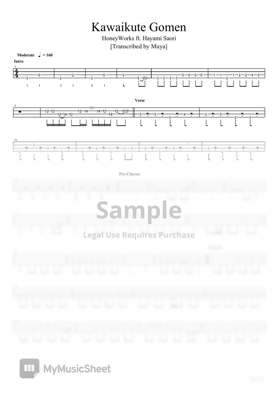 HoneyWorks - Kawaikute Gomen (Bass TAB) Sheets by Muya Rizal