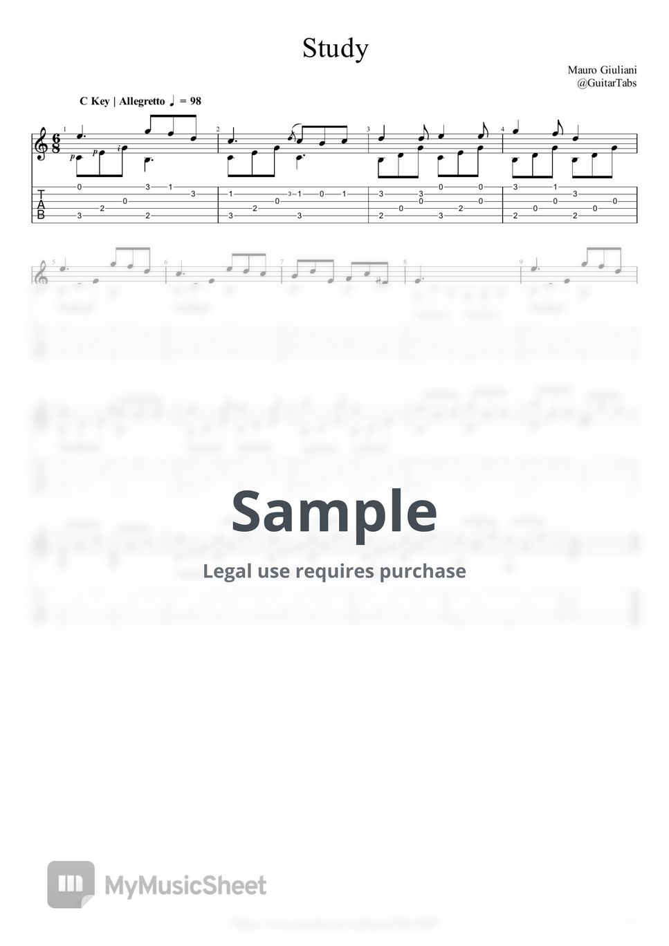 M. Giuliani - Study(Allegretto) (오선+타브+운지(Staff+TAB+Fingering)) Tab ...