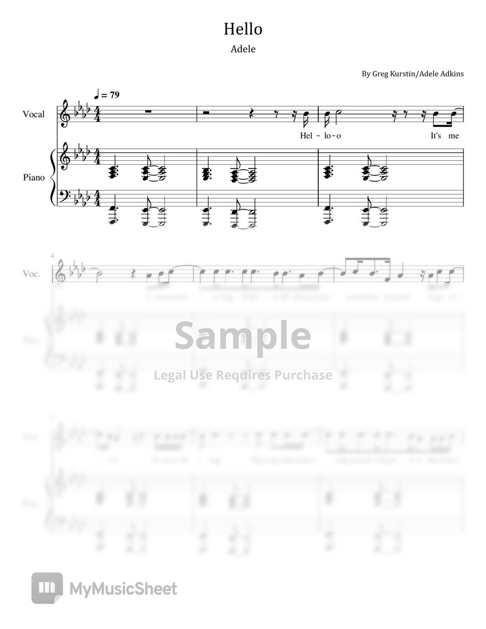 Greg Kurstin/Adele Adkins - Hello (Adele - Hello - For Piano & Vocal With Lyric) 악보 by poon