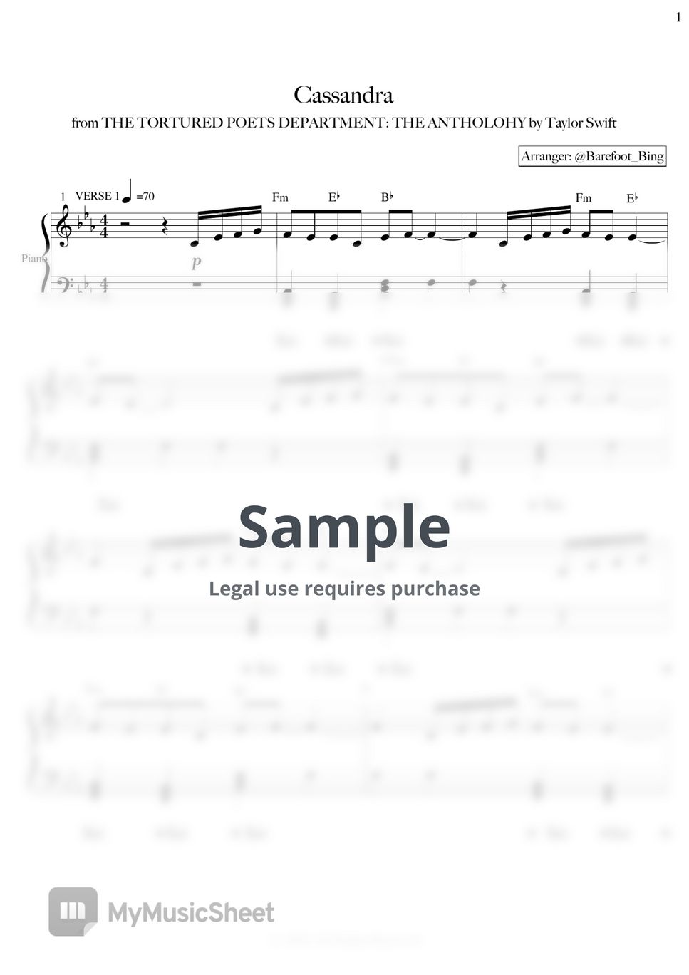 Taylor Swift - Cassandra Sheet Music by Barefoot Bing