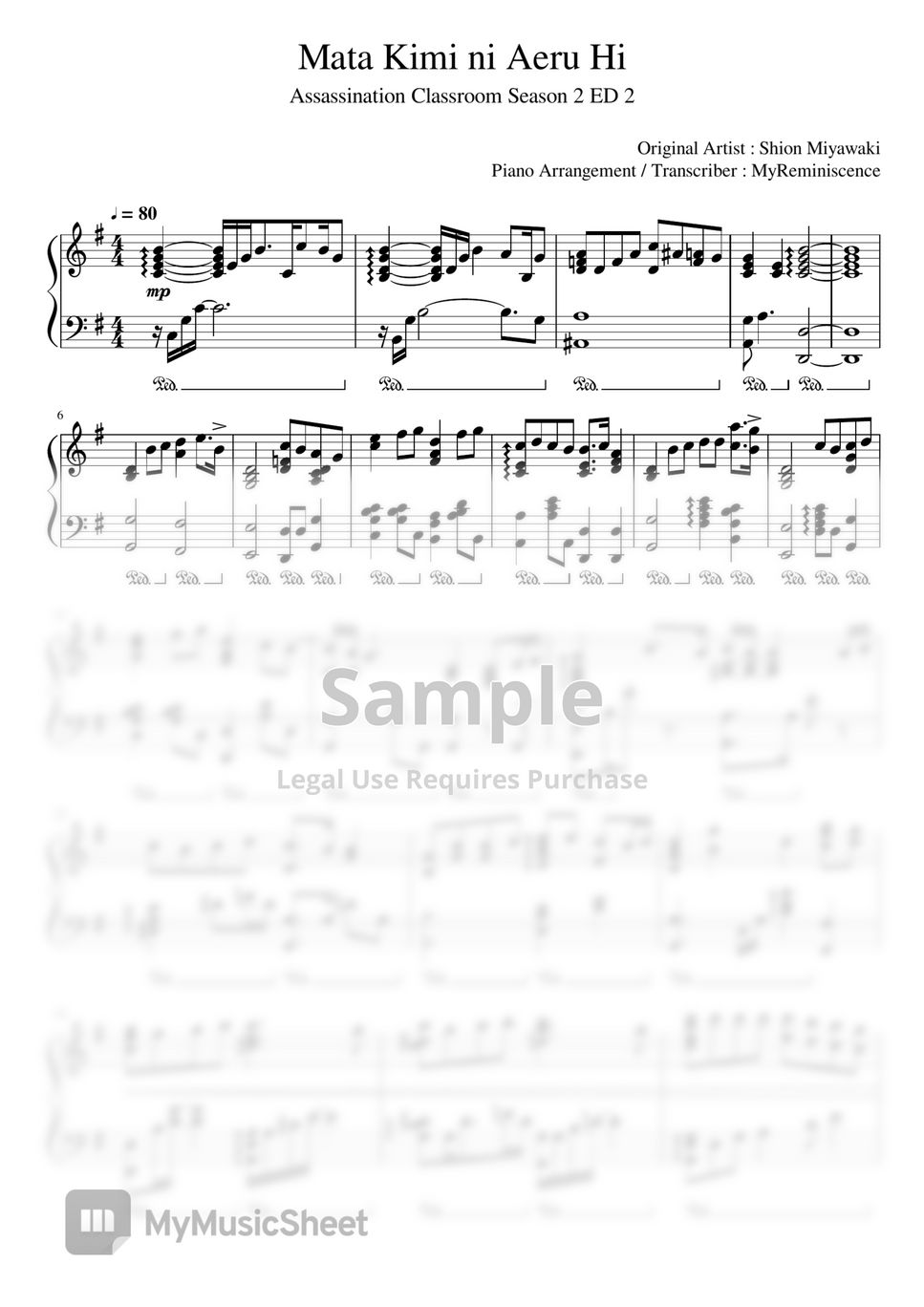 Shion Miyawaki - Mata Kimi ni Aeru Hi (Assassination Classroom Season 2 ED 2) Sheet Music by ...