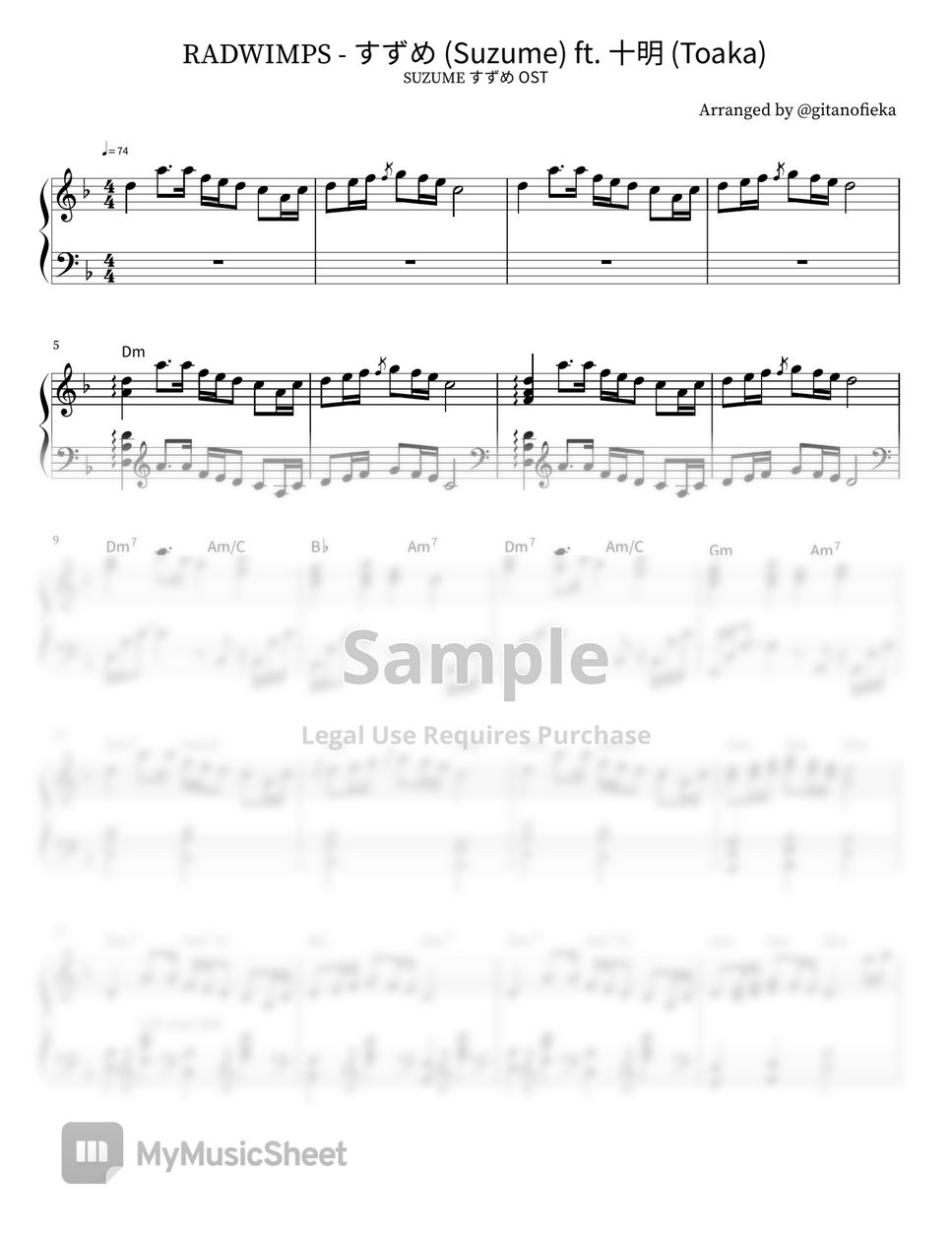 すずめ (Suzume) OST - RADWIMPS - すずめ (Suzume) ft. 十明 (Toaka) Sheet Music ...