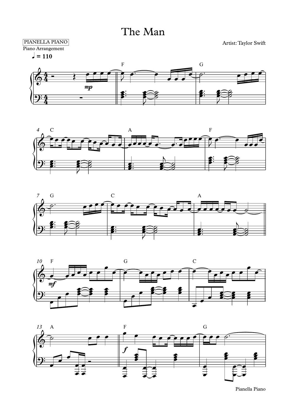 Taylor Swift - The Man (Piano Sheet) Sheets by Pianella Piano