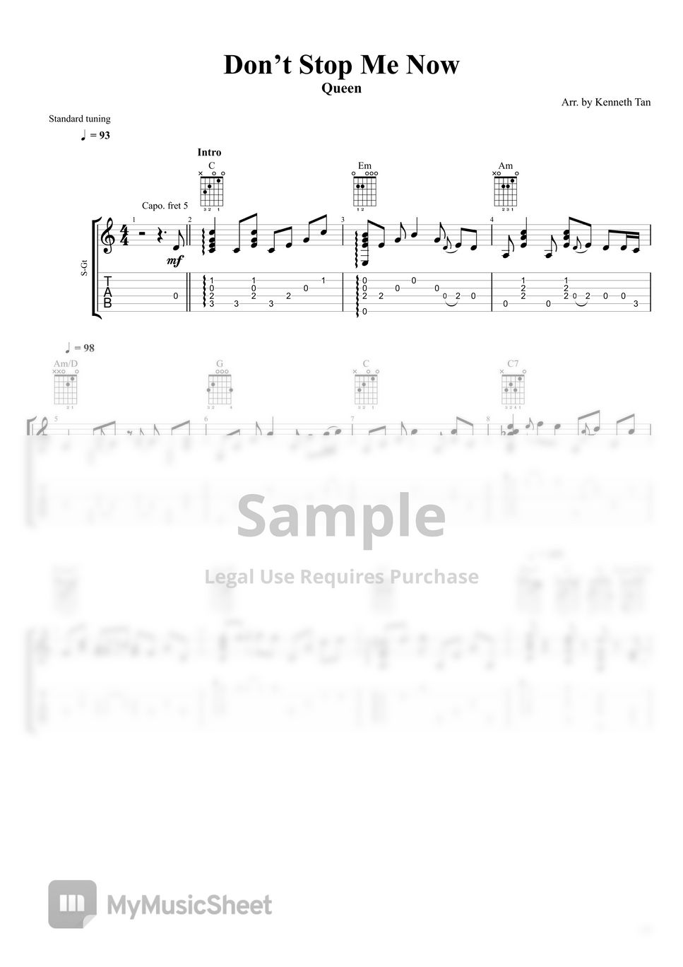 Queen | Fingerstyle Guitar - Don’t Stop Me Now 악보 by Kenneth Acoustic