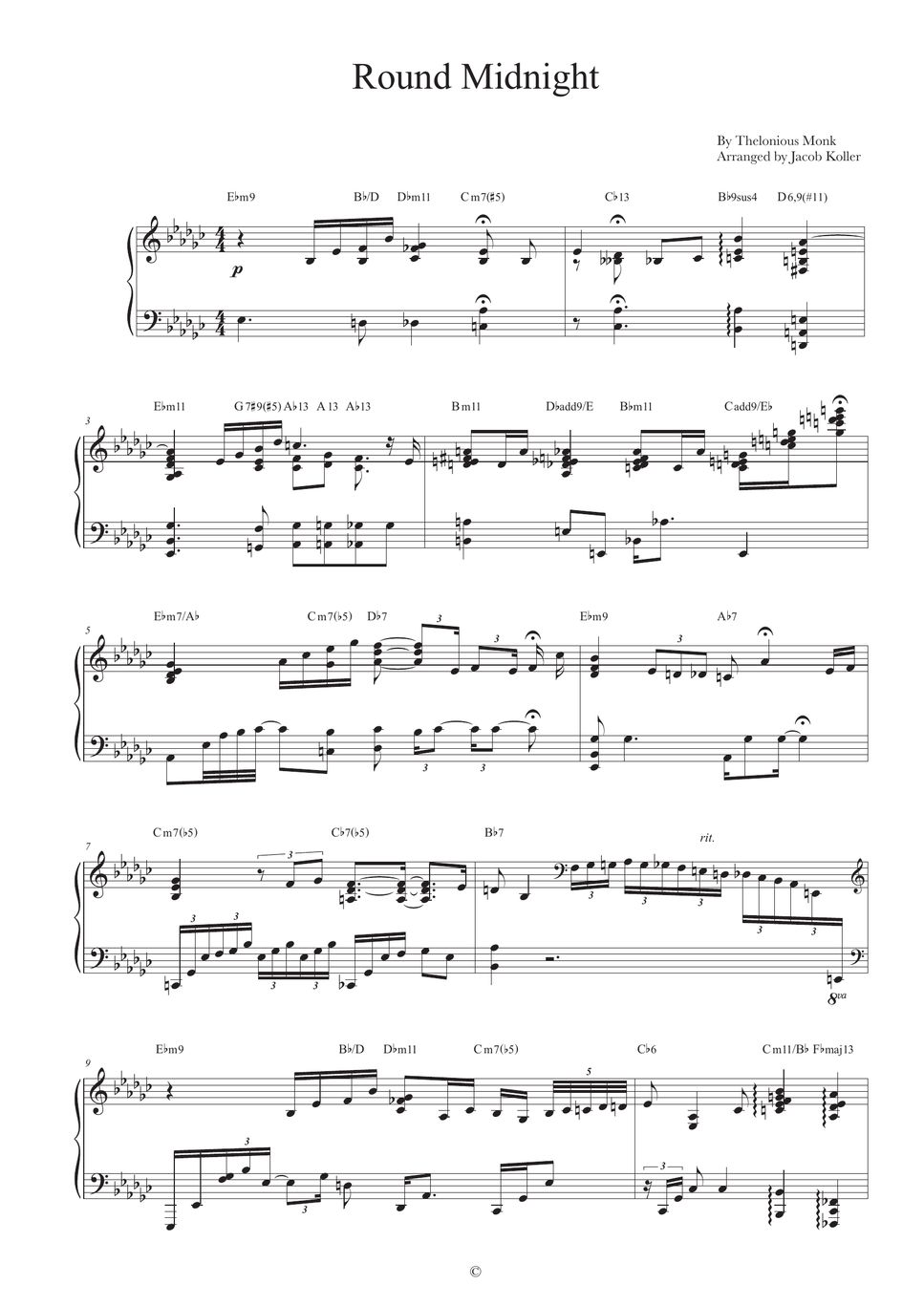 Thelonious Monk - 'Round Midnight 악보 by Jacob Koller