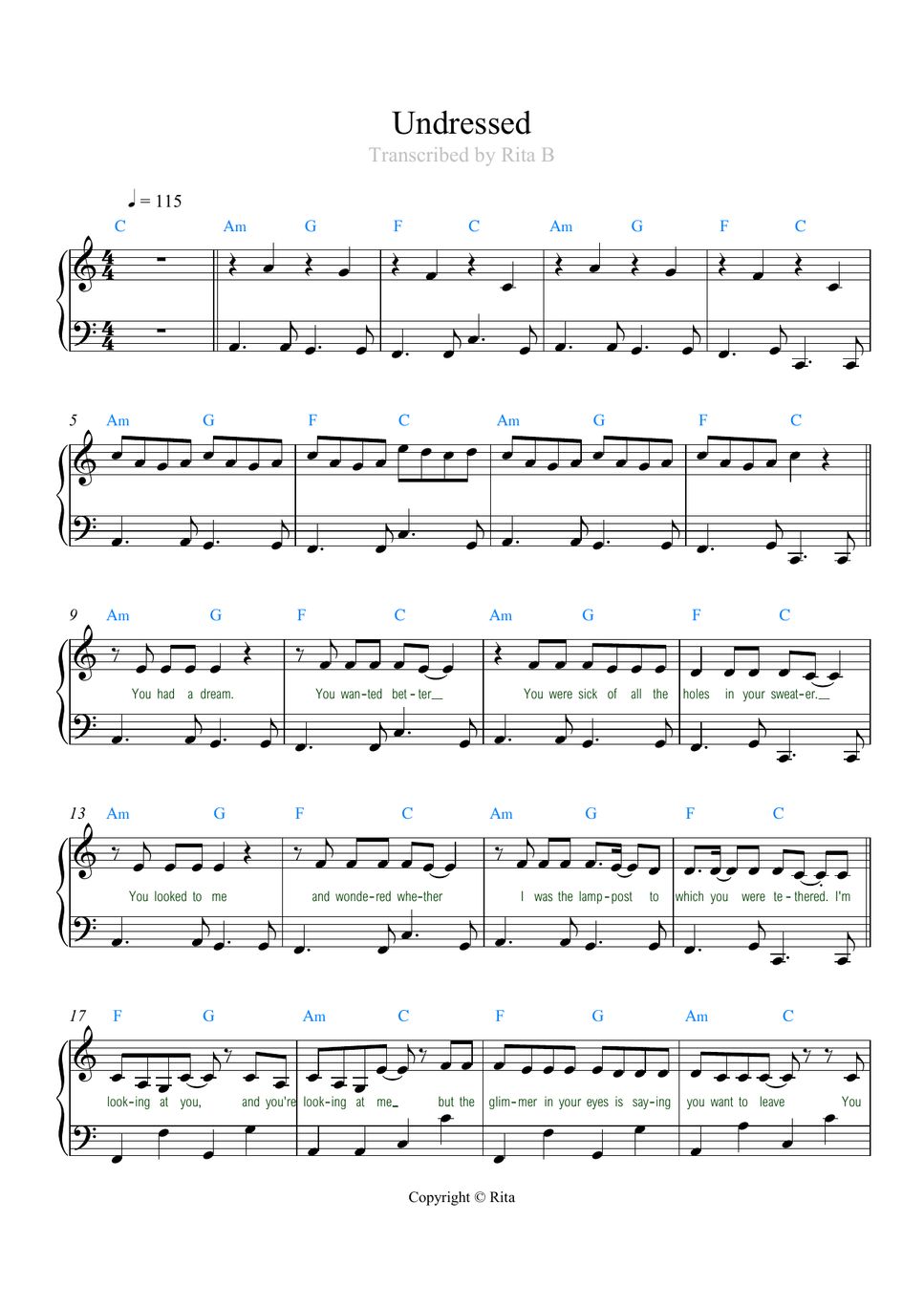 sombr - undressed (Lyrics, chords) Sheet Music by Rita B