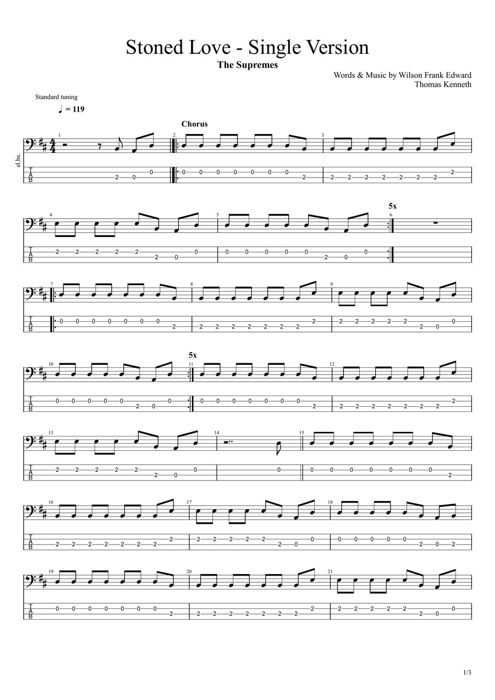The Supremes - Stoned Love - Single Version タブ + 五線譜 by まっきん