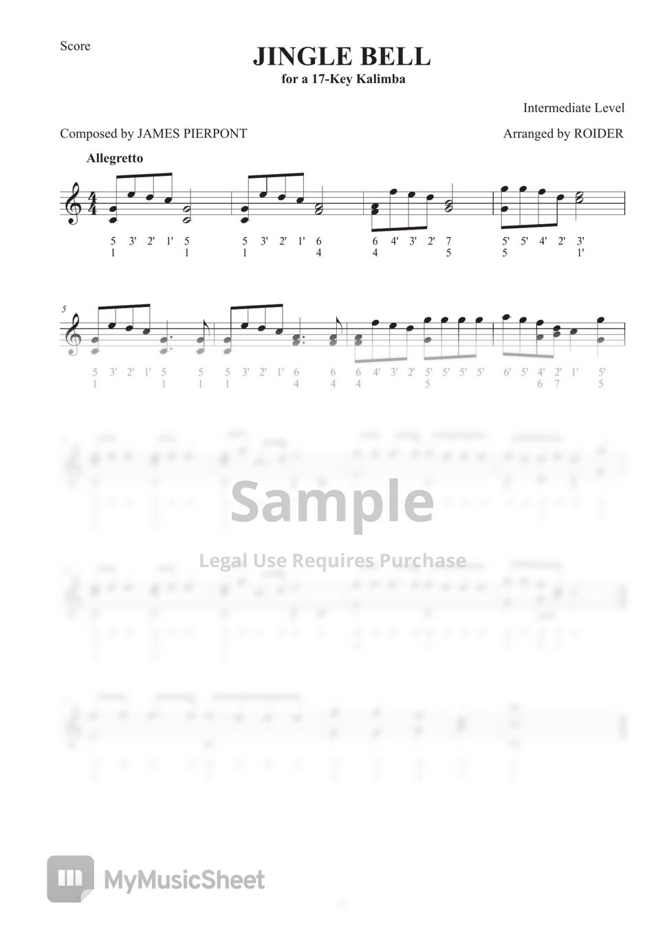 Christmas Carol - Jingle Bell (for kalimba) Лист by Roider