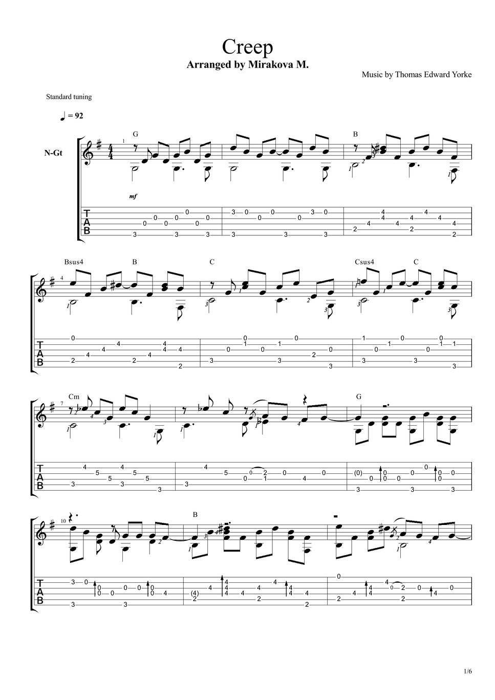 Thom Yorke - Creep Tab + Partition à une seule portée by Marina Mirakova