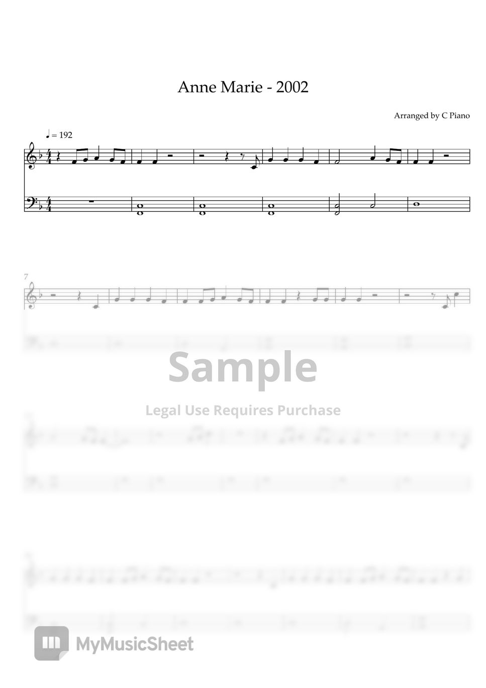 Anne Marie - 2002 (Easy Version) Sheet Music by C Piano