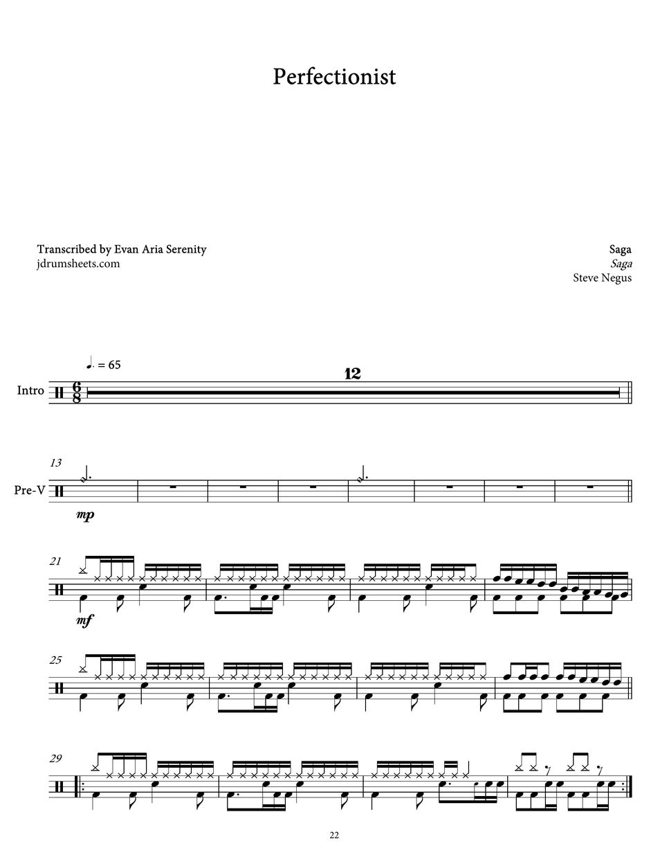 Saga - Perfectionist 楽譜 by Jaslow Drum Sheets