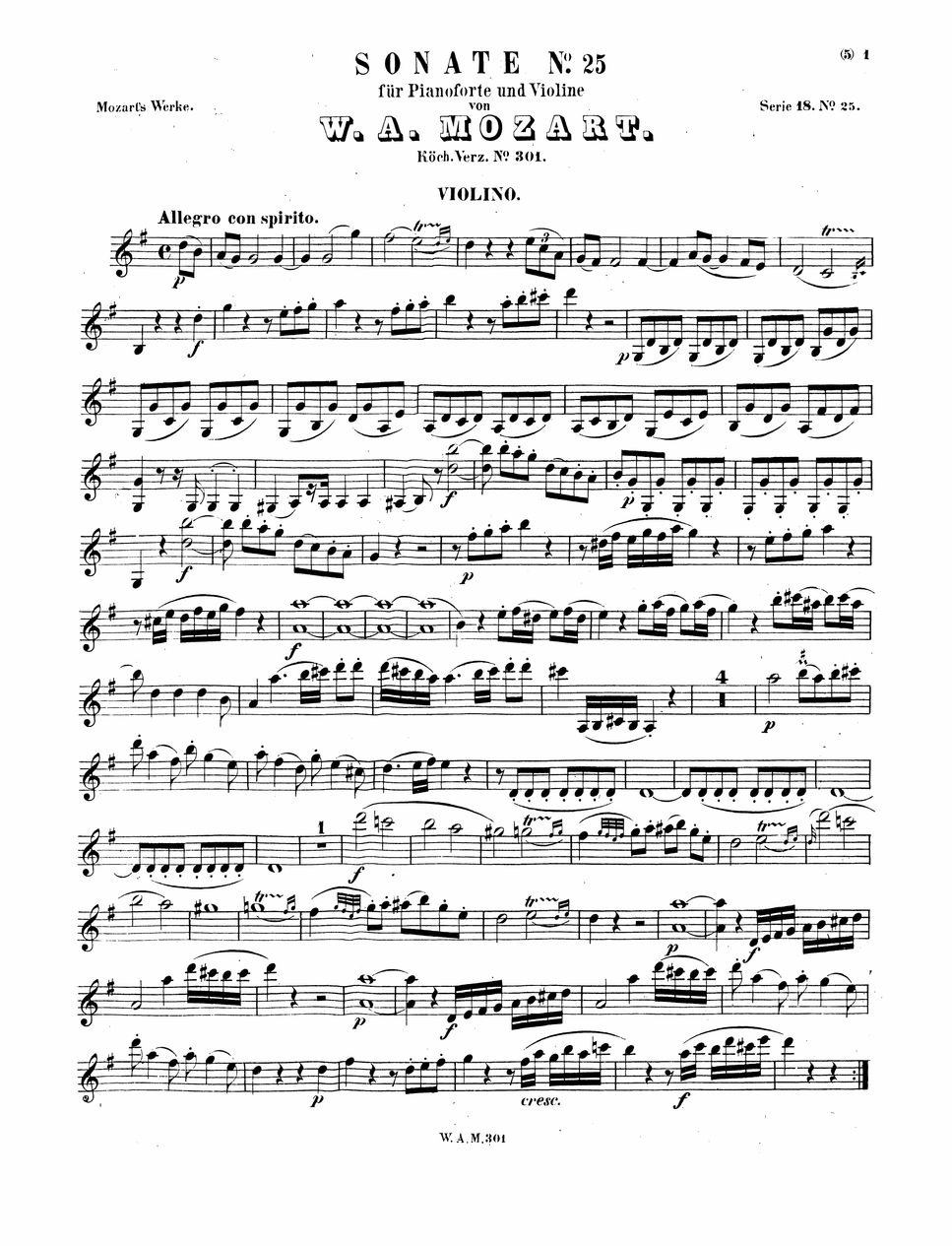 W.A.Mozart - Violin Sonata No. 25, G Major, K. 301 Sheet by Original Sheet
