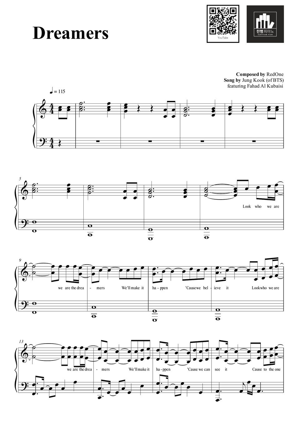 정국 - Dreamers (피아노 커버) Sheets by 한뼘피아노