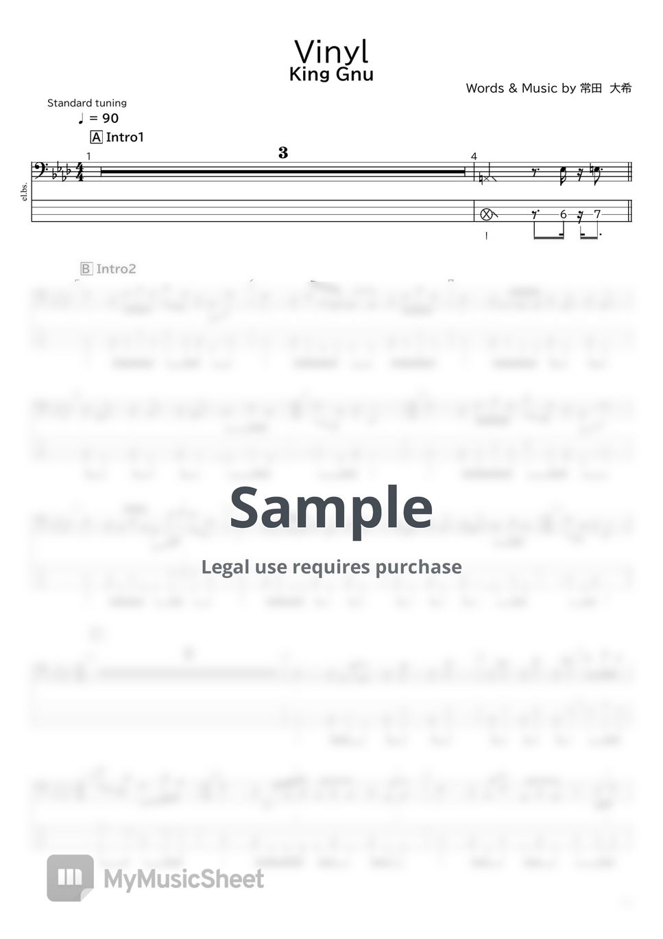 King Gnu - Vinyl 악보 by たぶべー＠財布に優しいベース楽譜屋さん（BASS・TAB譜）