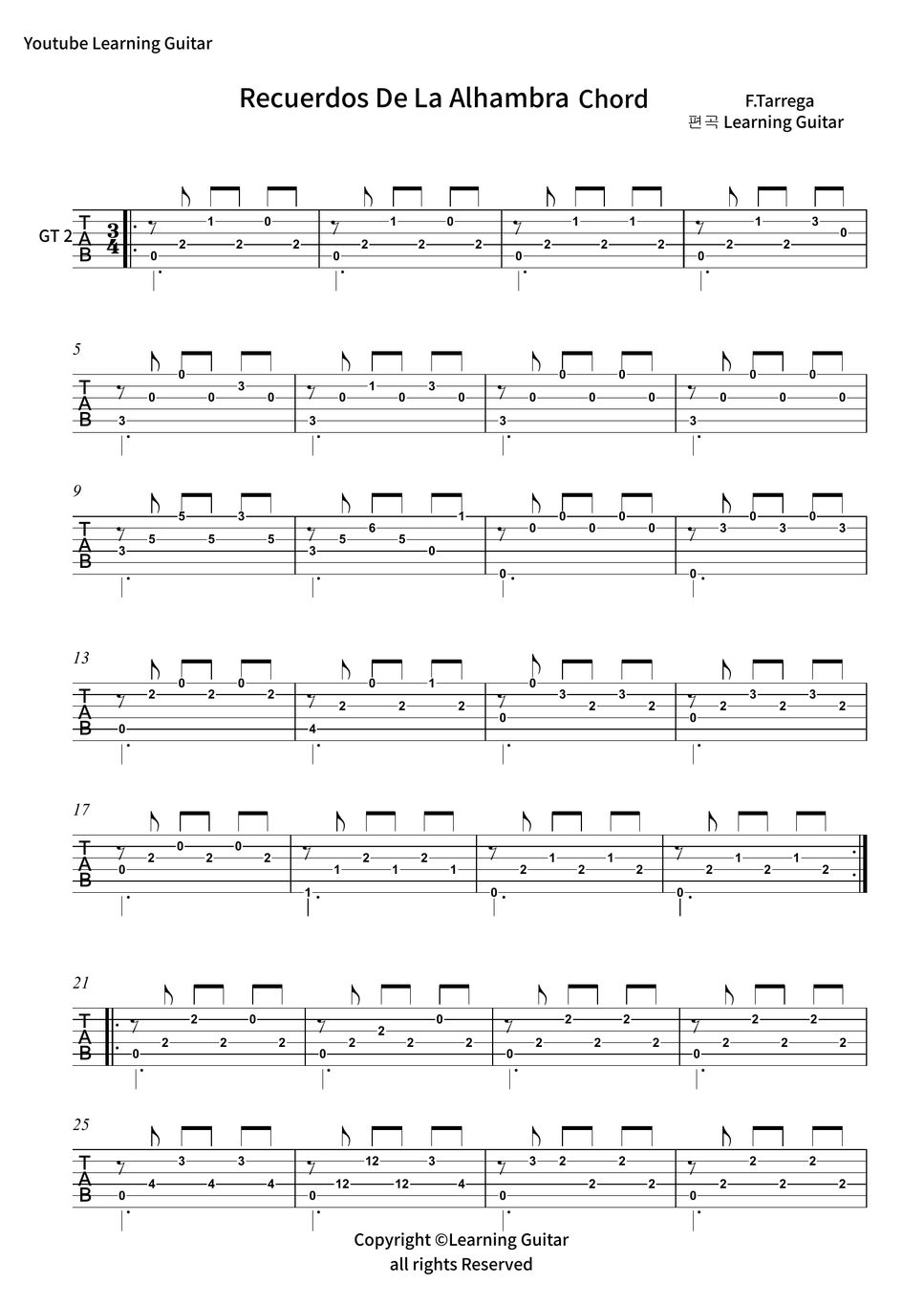 Francisco Tarrega - Recuerdos de la Alhambra (Chord TAB) TAB by ...