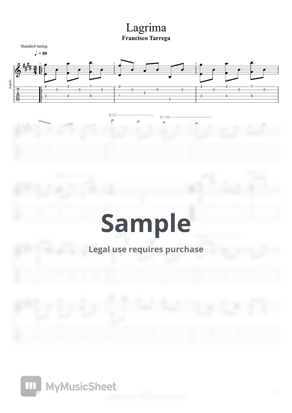 Francisco Tarrega - Lagrima Tab + 단선 악보 by Edina Balczo