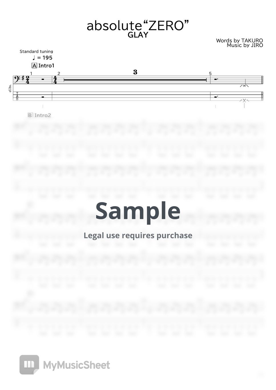 GLAY - absolute“ZERO” Tab + 1staff by たぶべー@財布に優しいベース楽譜屋さん(BASS・TAB譜)