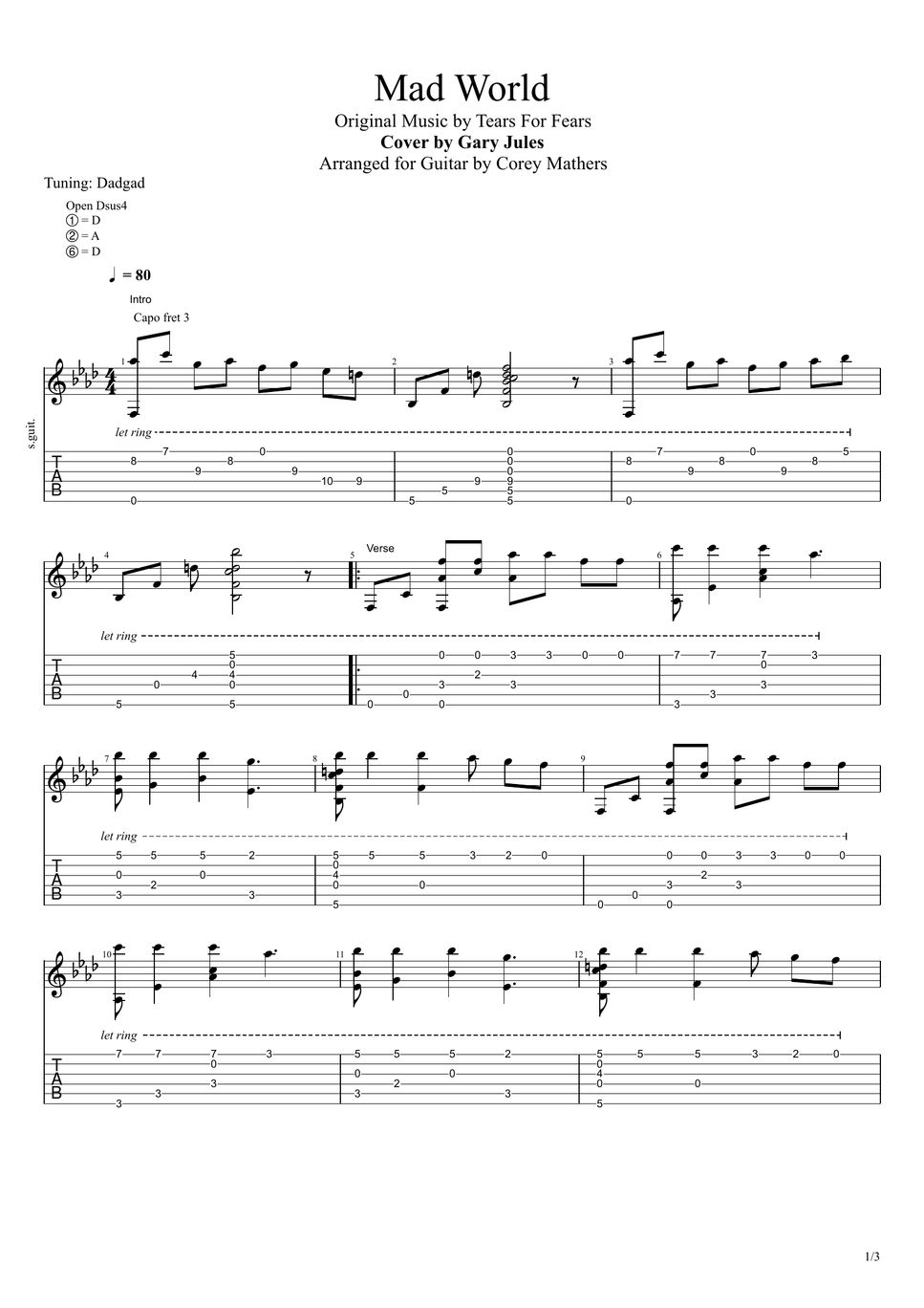 Gary Jules / Tears For Fears - Mad World TAB by Corey Mathers