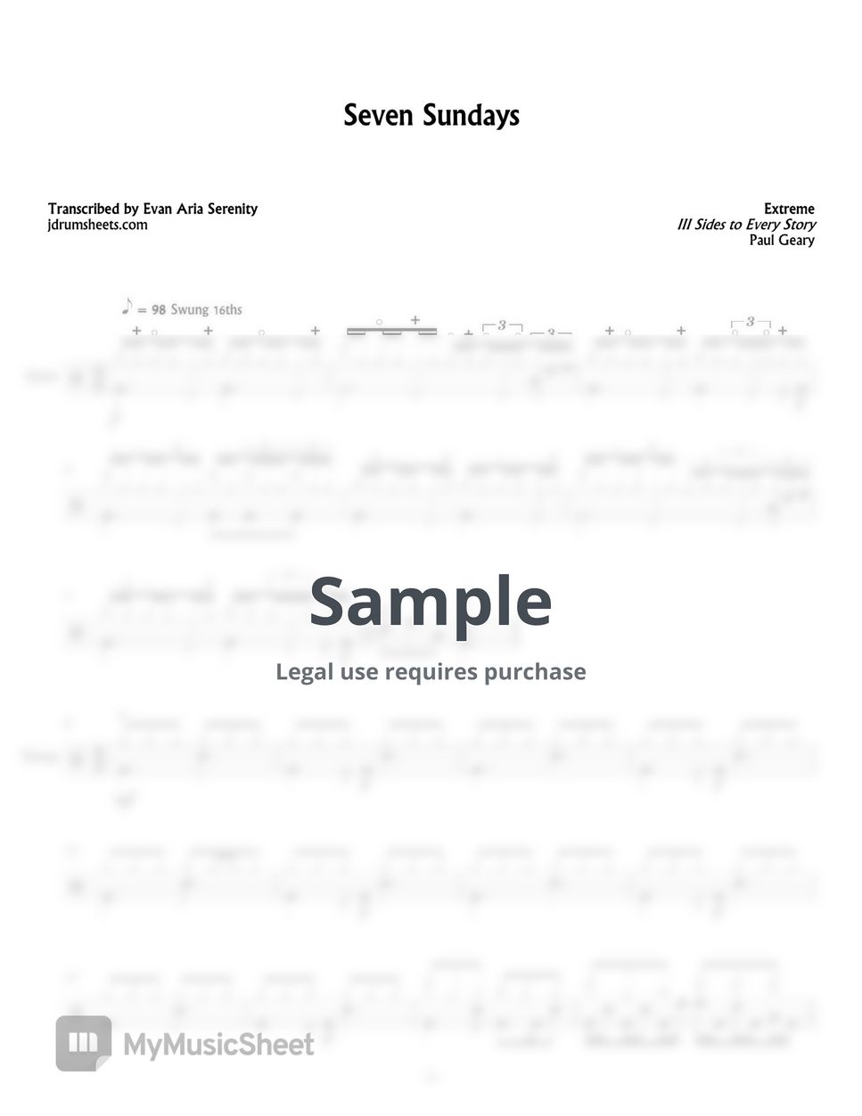 Extreme - Seven Sundays Sheets by Jaslow Drum Sheets