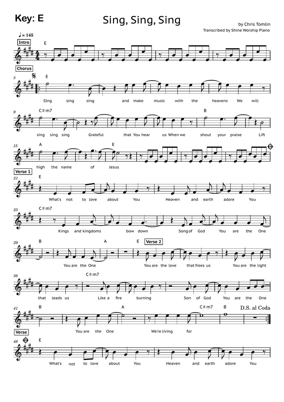 Chris Tomlin Sing Sing Sing Sheets By Shine Worship Piano