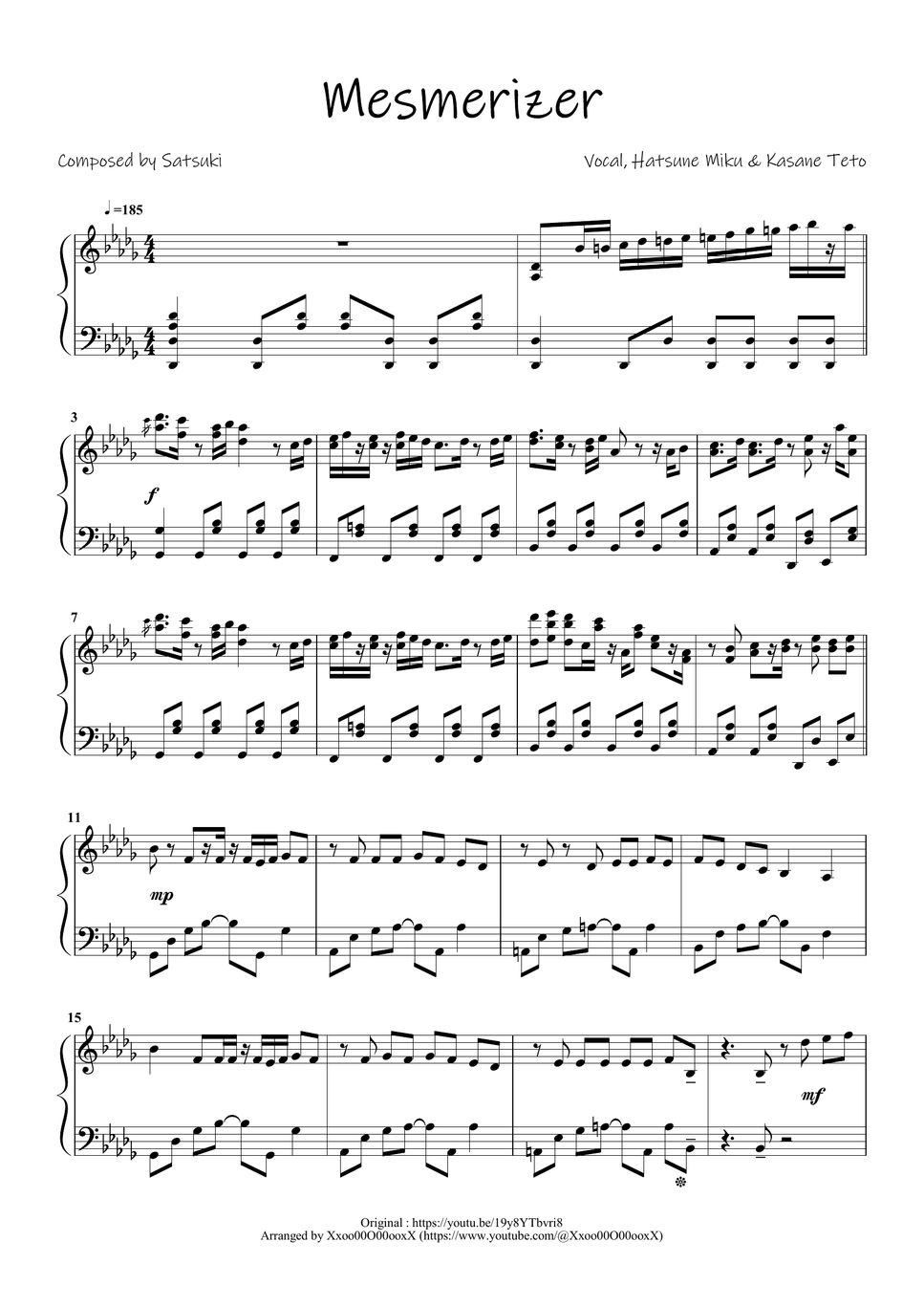 サツキ - メズマライザー (初音ミク・重音テト) Piano Sheet Music PDF | Xxoo00O00ooxX | mymusic5