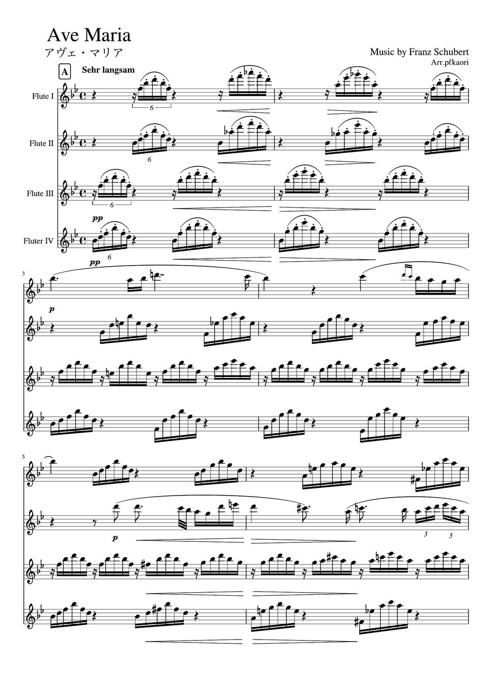 F.Schubert - Ave Maria (B♭・flute quartetto) Sheets by pfkaori