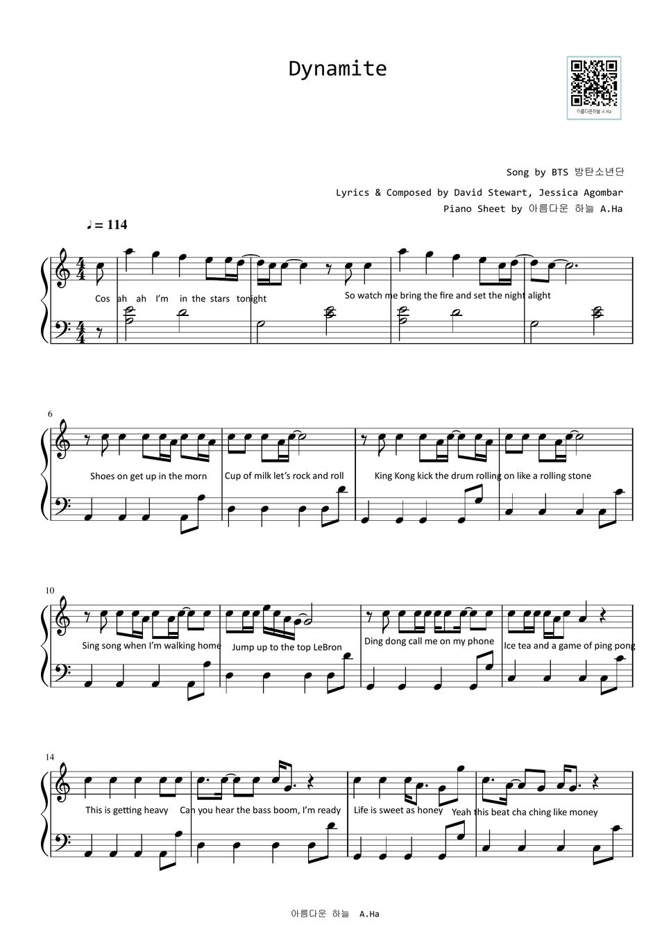 Bts 방탄소년단 Dynamite Level2 Easy Ver Sheets By A Ha