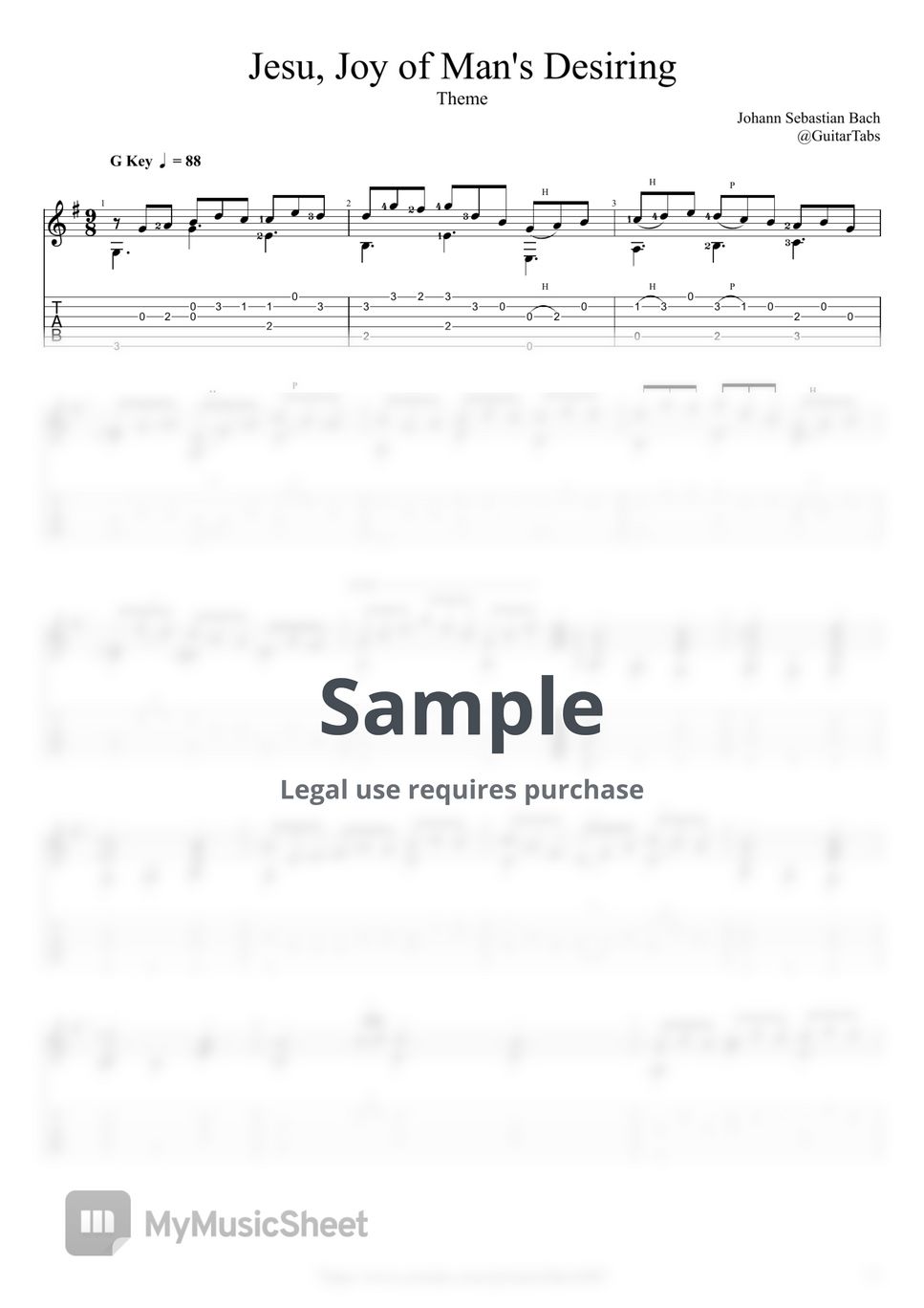 J.S. Bach - Jesu, Joy of Man's Desiring (오선+타브+운지(Staff+TAB+Fingering ...