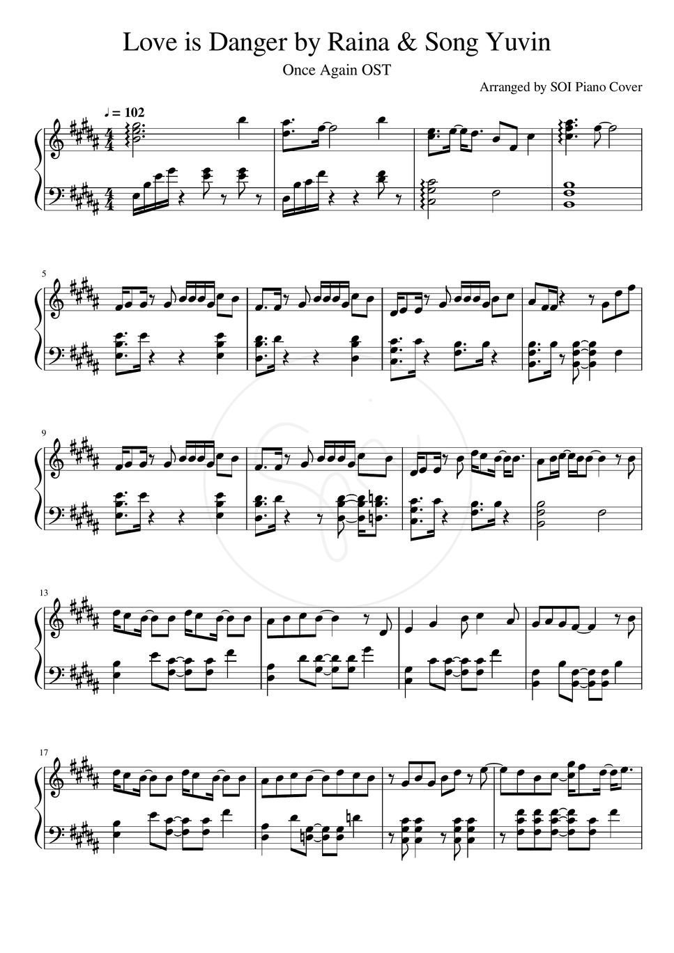 [Once Again OST] Raina & Song Yuvin - Love is Danger (Solo Piano) Sheet by SOI Piano Cover