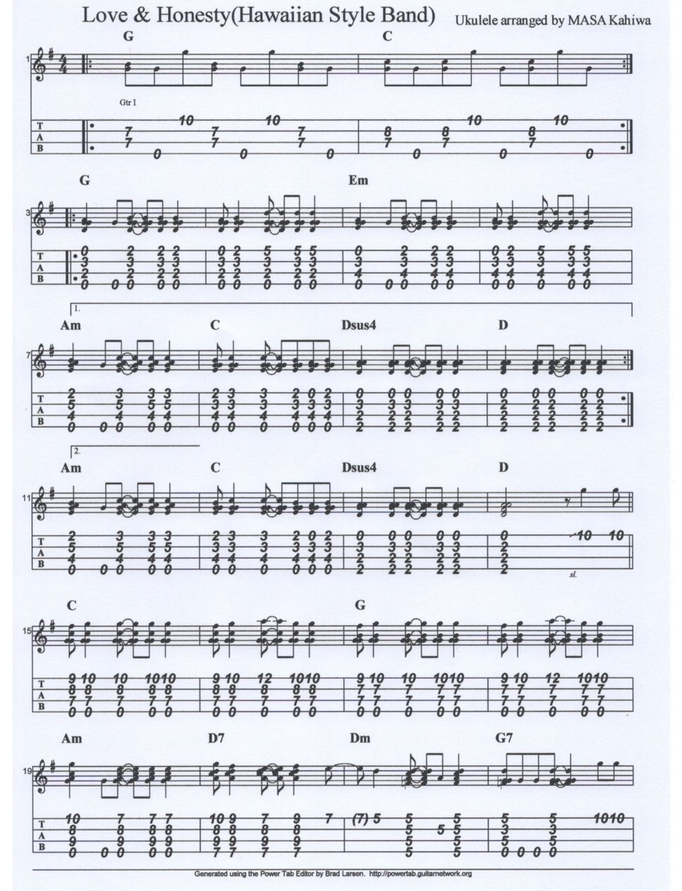 Hawaiian Style Band - Love And Honesty (Ukulele Solo / High G) タブ + 五線譜 ...