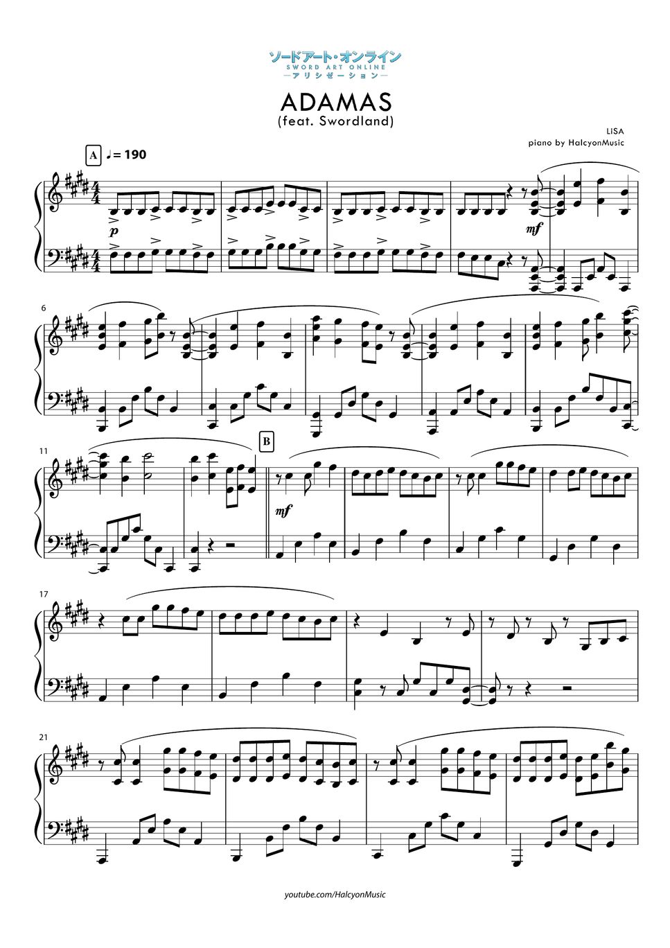 LiSA - ADAMAS (Sword Art Online: Alicization OP) Sheet by HalcyonMusic