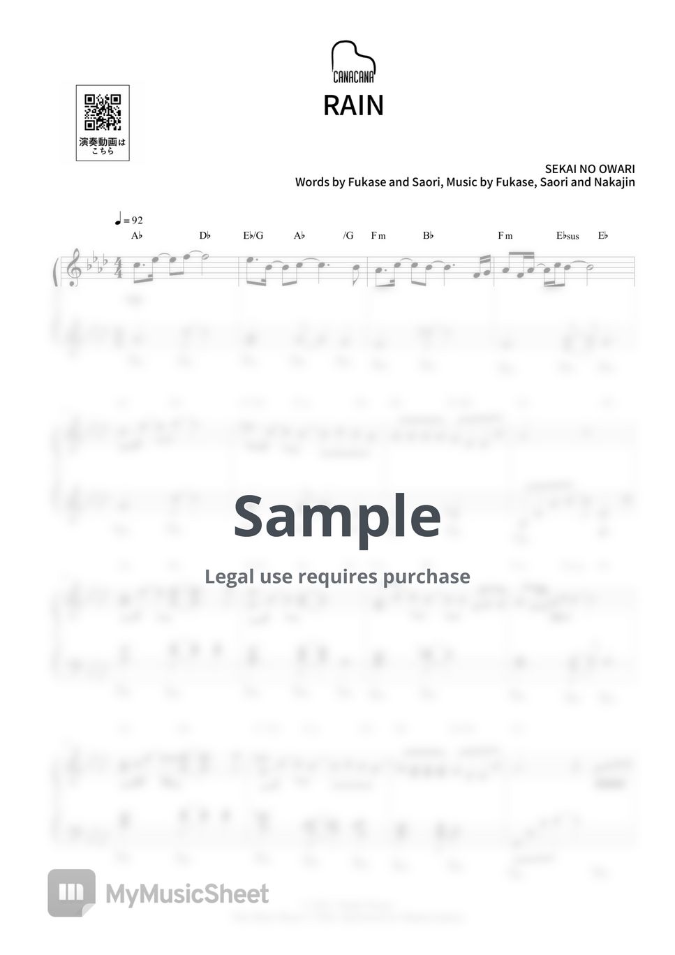 SEKAI NO OWARI - RAIN Sheet Music by CANACANA family