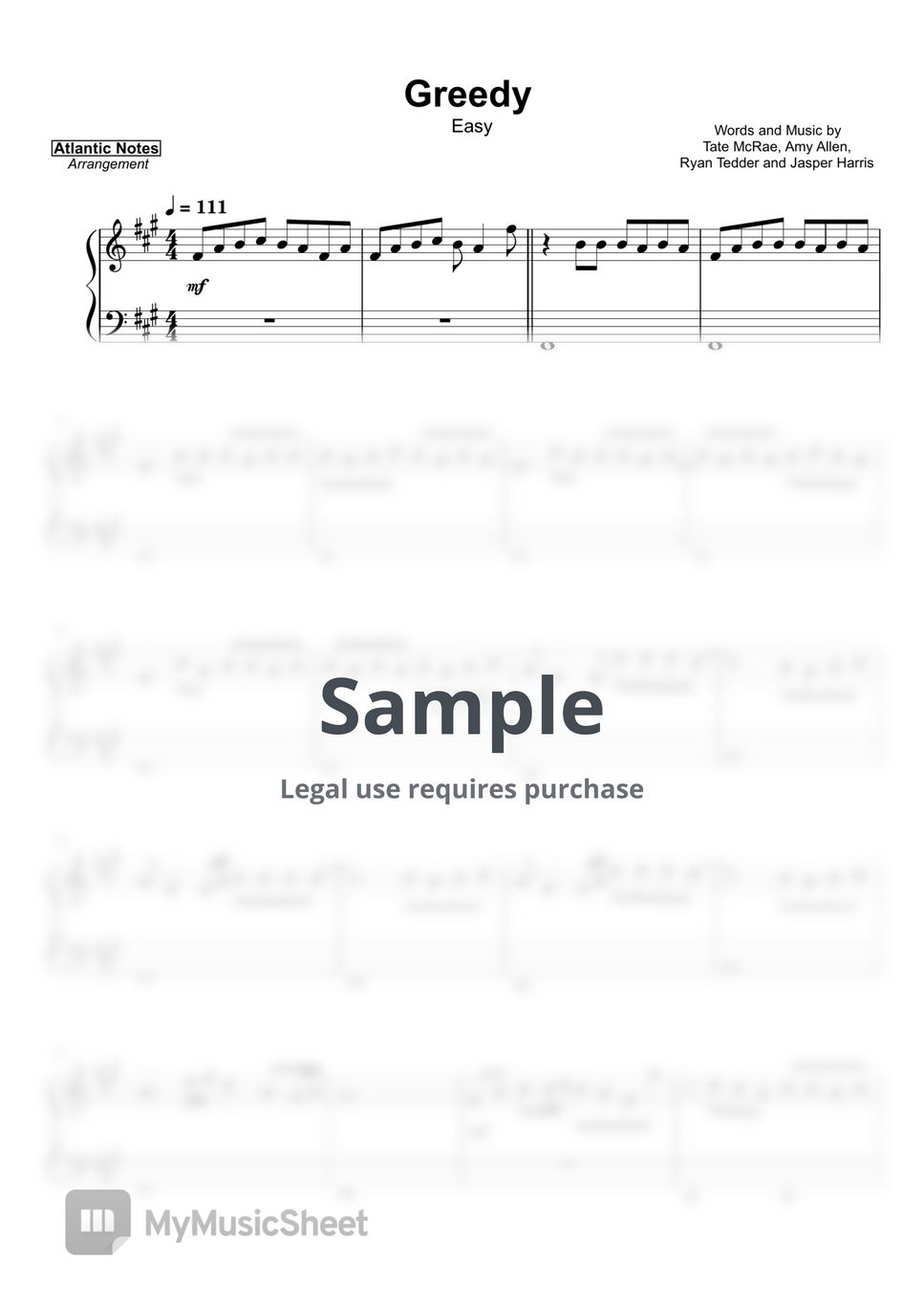 Tate McRae - Greedy Sheet Music by Atlantic Notes