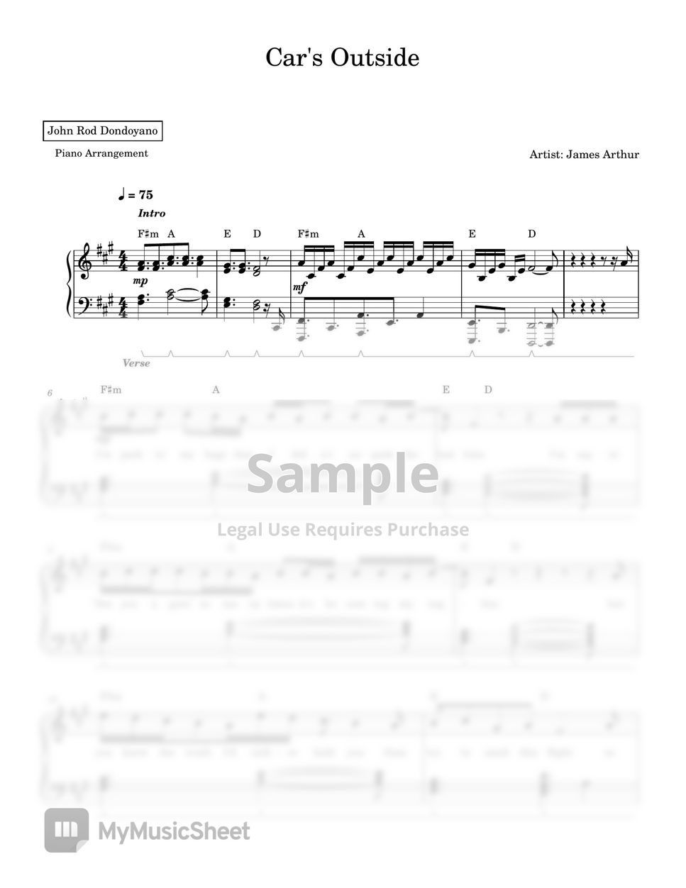 James Arthur - Car's Outside (PIANO SHEET) Sheets by John Rod Dondoyano