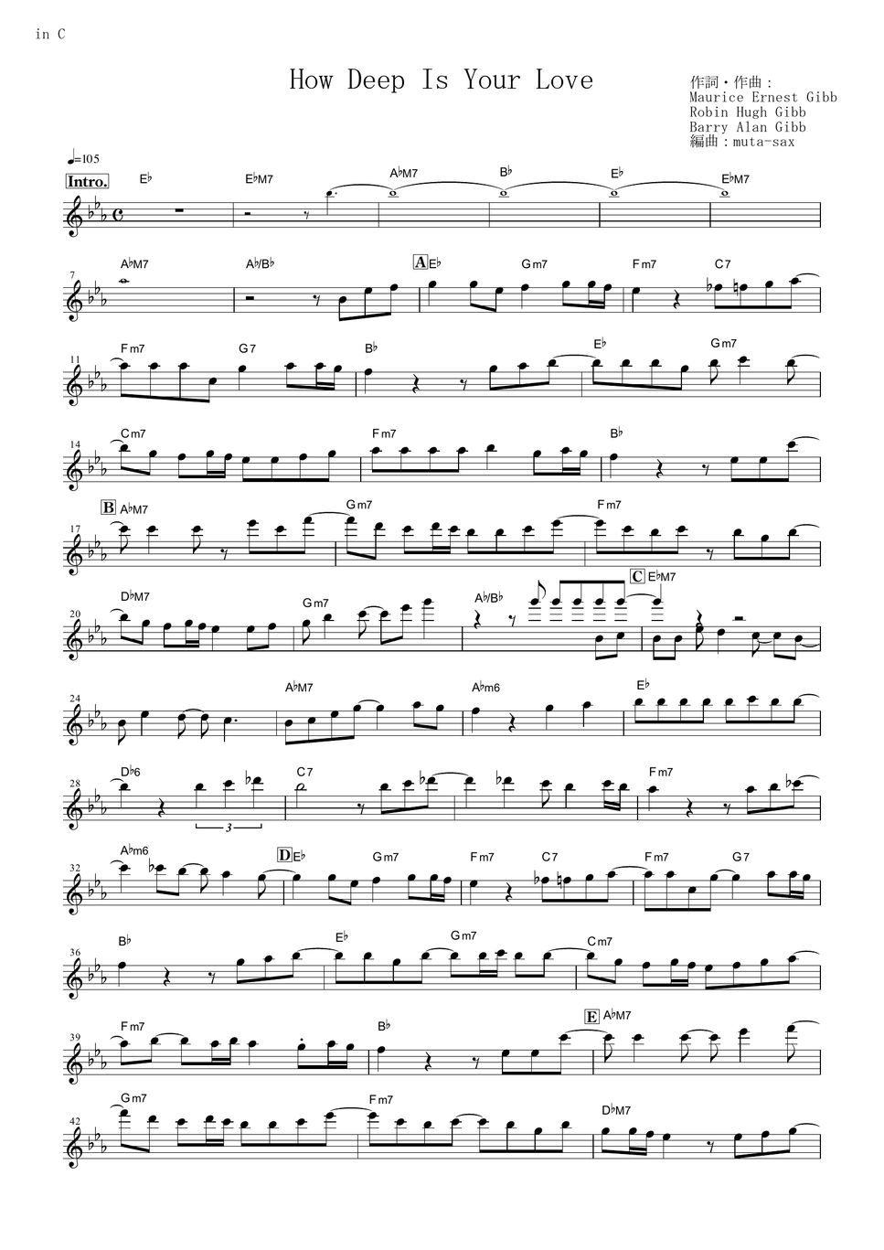 Bee Gees - How Deep Is Your Love (in C) Sheet