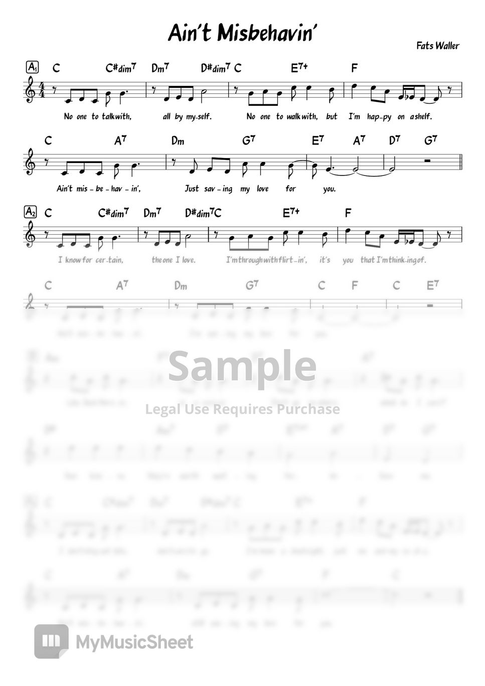 Fats Waller - Ain't Misbehavin' in C (Chord/Melody/Lyrics) (Jazz Lead ...