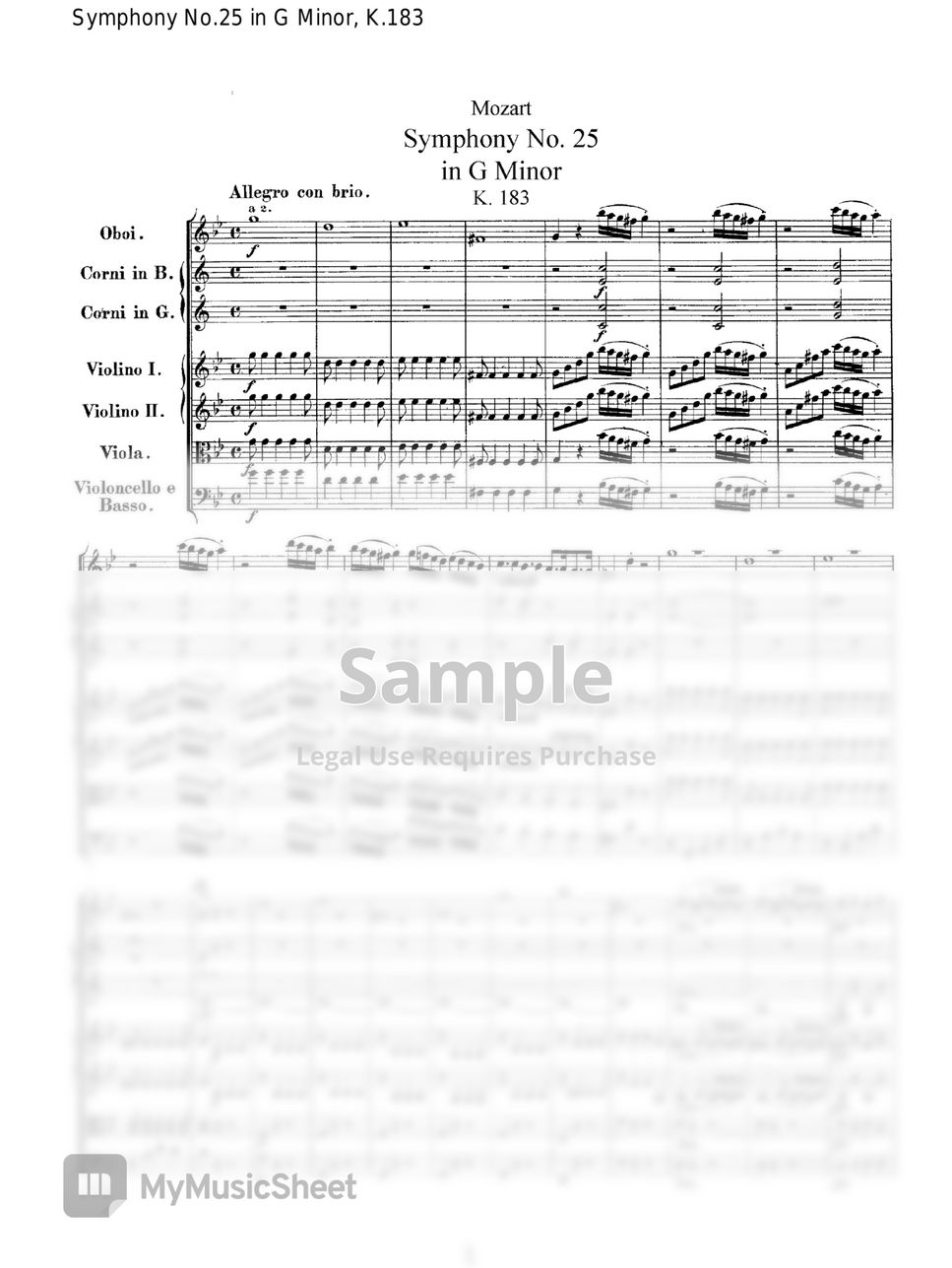W. A. Mozart - Symphony No. 25 in G minor Sheets by Original Score