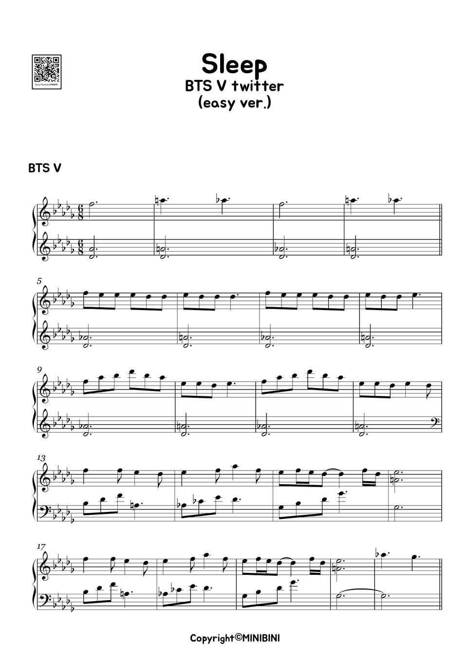 BTS V (방탄소년단 뷔) - Sleep (Easy Version) نوتة by MINIBINI