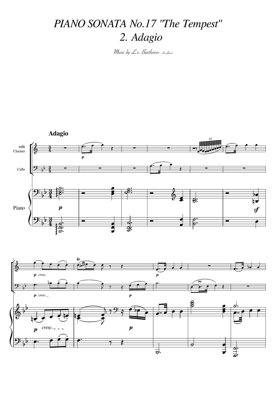 Beethoven - The Tempest, 2nd Mov (Clarinet & Cello, Piano Trio) Sheet ...